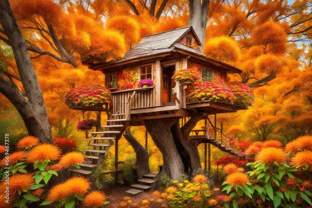 japanese garden in autumn, tree house , a cottage in tree, a house made ...