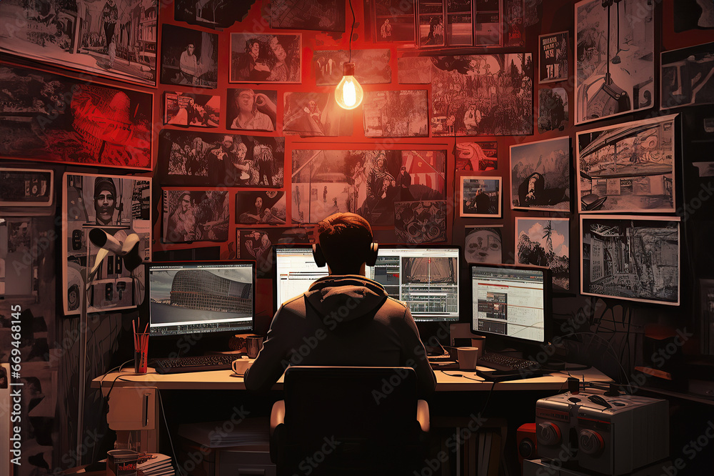 Person in their home office, surrounded by screens displaying various ...