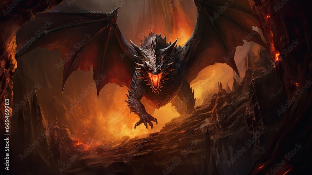 Angry and creepy dragon spewing fire in the cave Stock Illustration ...