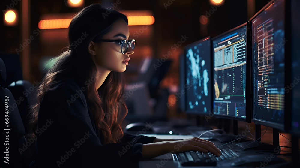 Smart young female programmer working on desktop computer with screen ...