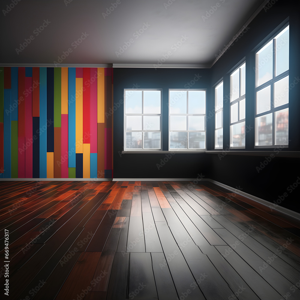 large and empty room split in a coloreful side and a black side Stock ...