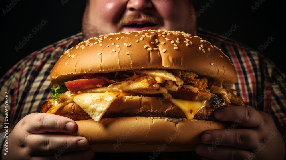 Diet failure: fat man eating a large fast food hamburger. Junk food ...
