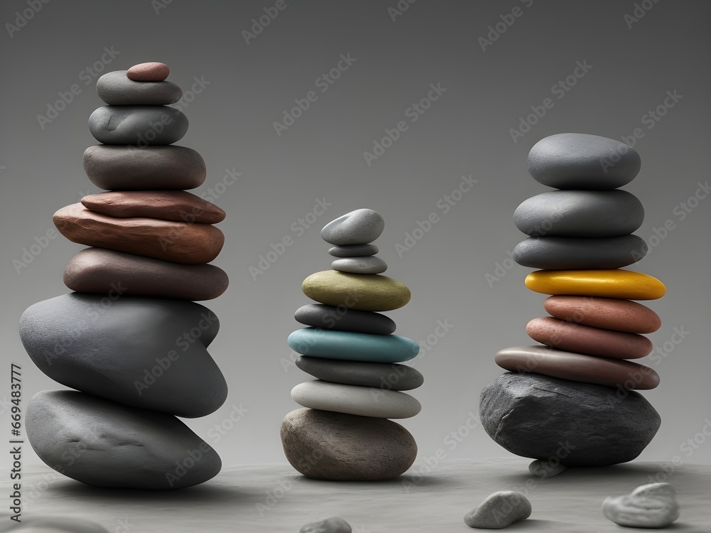 "Stones in Balance": Show a collection of stacked rocks in perfect ...