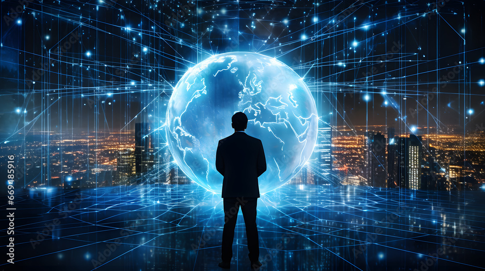 Tech Visionary: Businessman's Global Hologram Stock Illustration ...