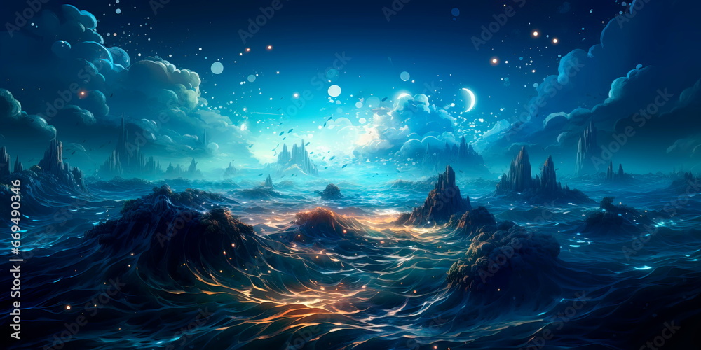 ocean filled with stars and planets, where constellations mirror the ...