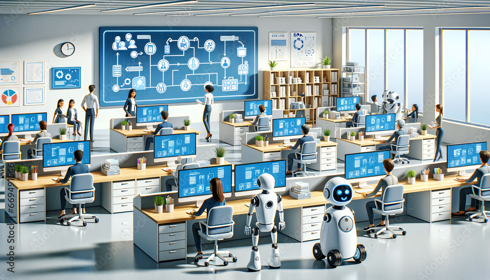 3D cartoon illustration of a modern office setting. Desks are equipped ...