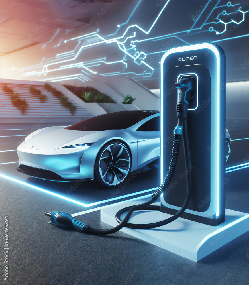 Futuristic electric car charging station, modern fast electric car ...