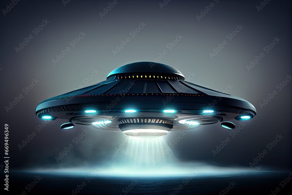 UFO with Beam, Alien Spaceship in Night Sky, Futuristic Mystery ...