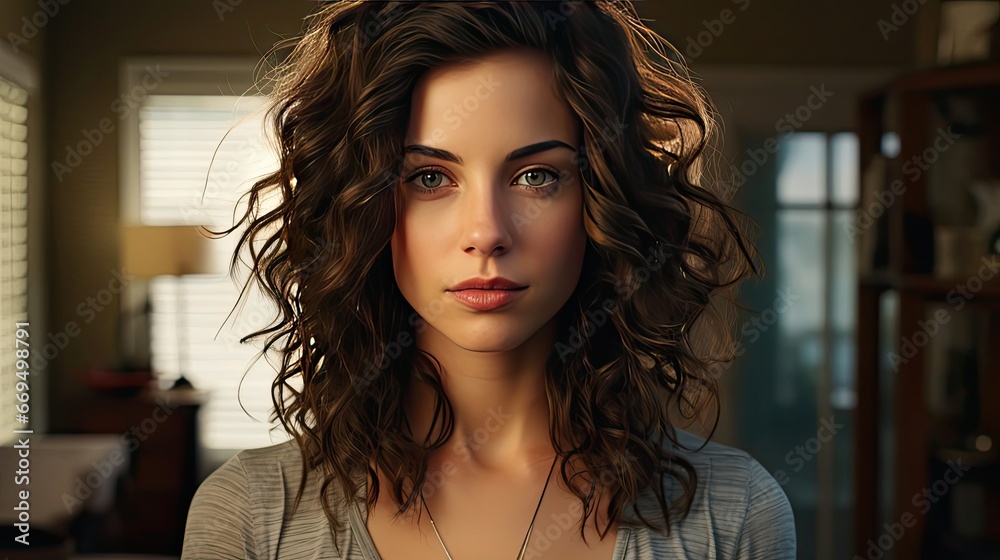 Head shot beautiful young 30s female standing in fashionable living ...