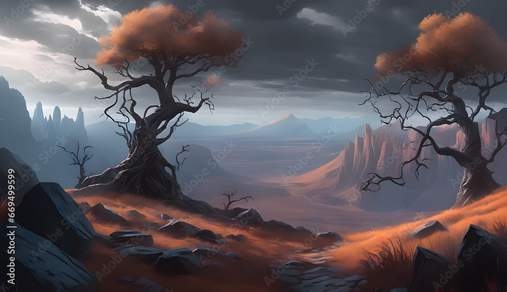 Landscape of a scene of a cursed valley shrouded in shadow and mystery ...