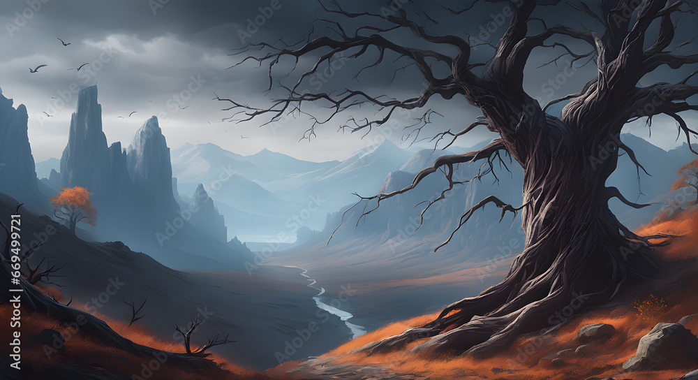 Landscape of a scene of a cursed valley shrouded in shadow and mystery where dead and twisted ...