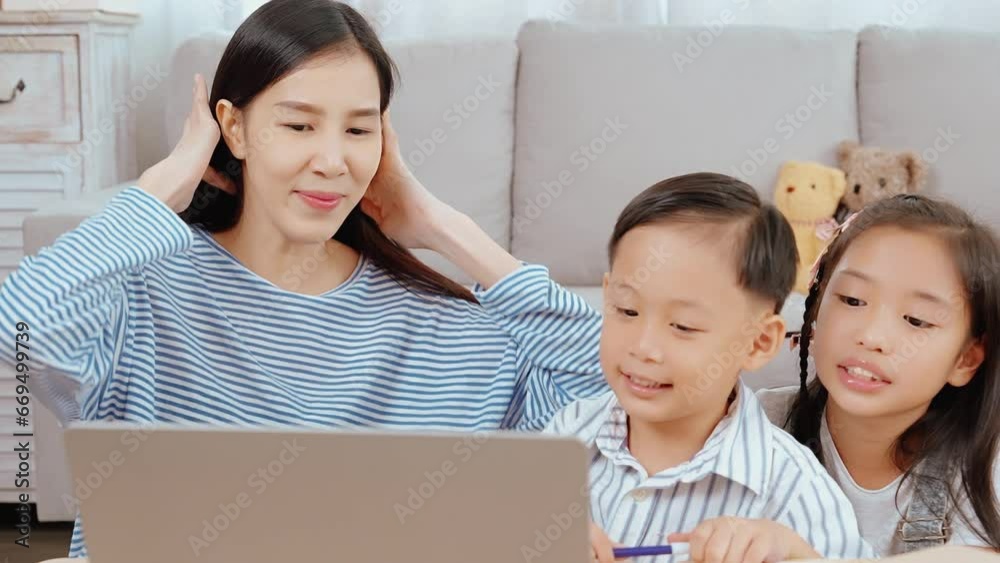Happy Asian single mother her son and daughter enjoy and having fun ...