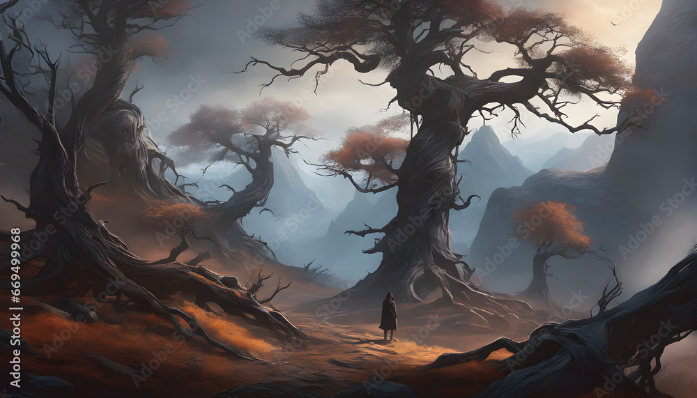 Landscape of a scene of a cursed valley shrouded in shadow and mystery ...