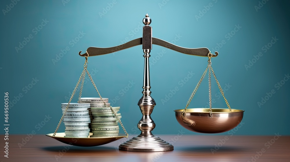 analog clock and ball of US paper currency equally balanced on seesaw ...