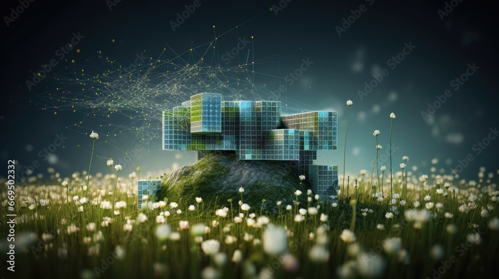 Earth (focus on Europe) represented by little dots, binary code and lines - big data, global ...