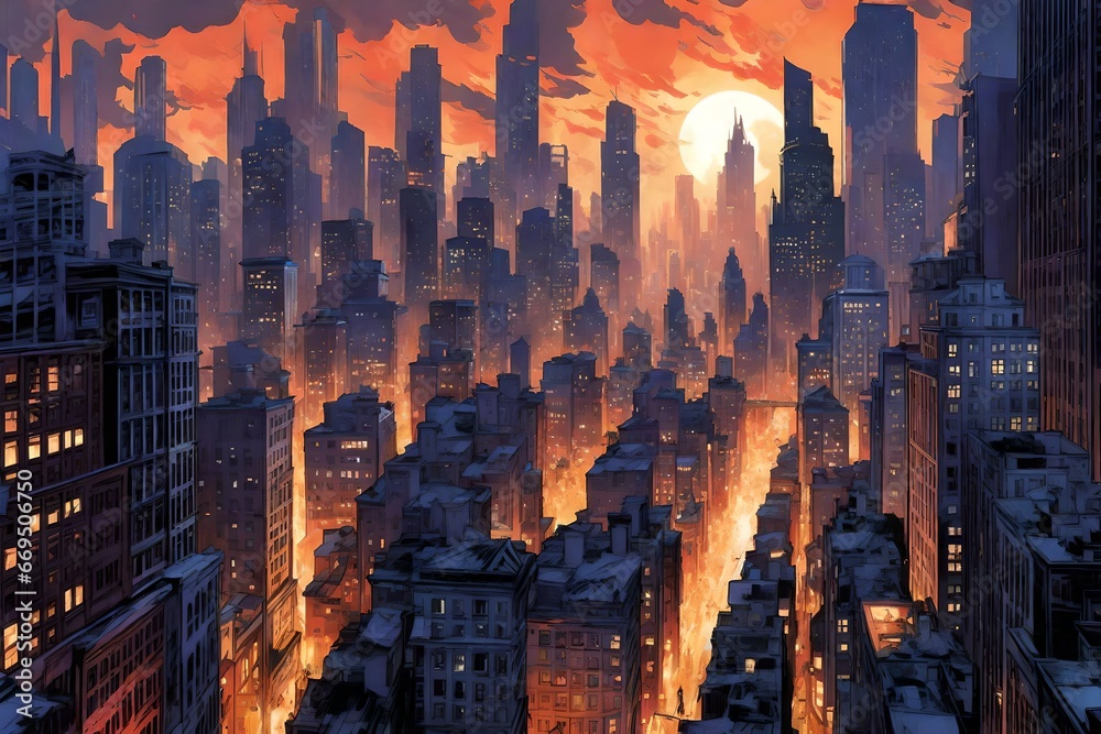 A comics panel featuring a cityscape at twilight, dramatic lighting ...