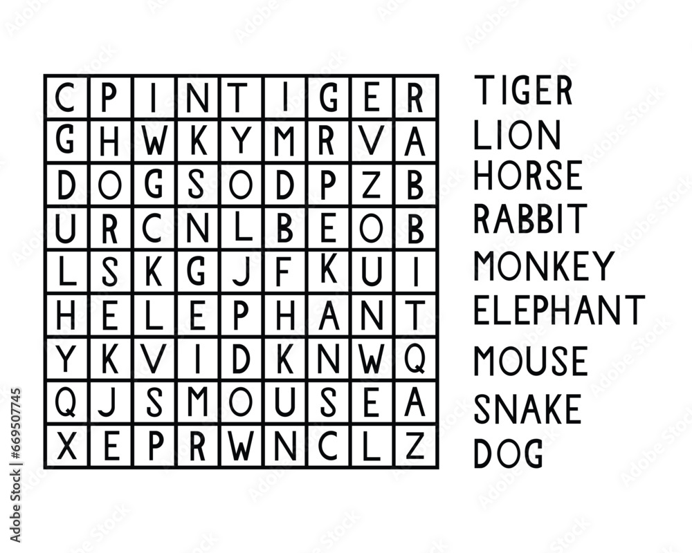 Logic game for learning English. Find the hidden words seal, whale ...