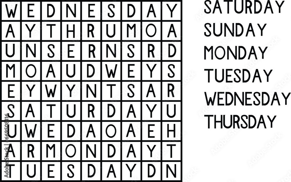 Word search puzzle with hidden names of the days in week. Puzzle for ...