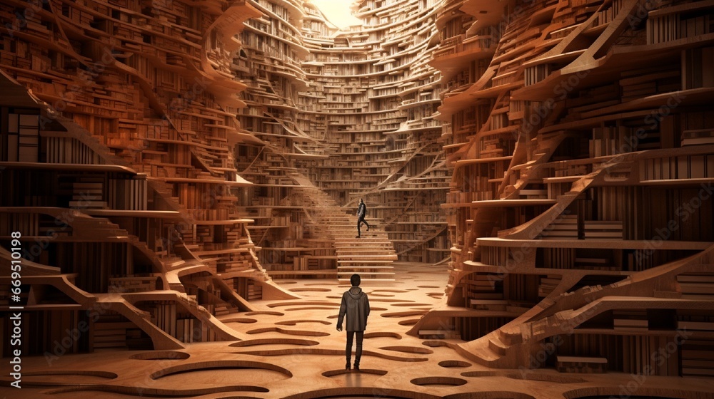 A labyrinthine library aisle combined with the complex structure of a ...