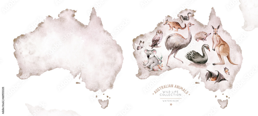Watercolor australian map cartoon kangaroo, ostrich Emu , koala and ...