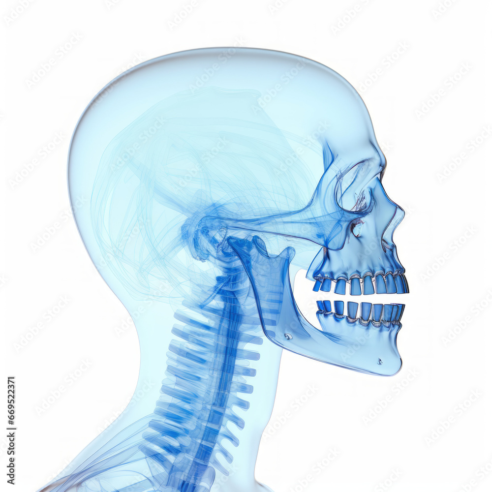 Side view of a transparent blue-tinted human skull and cervical spine X ...