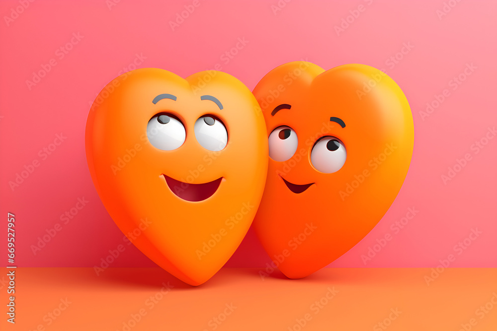 Cartoon heart characters in love on colored background. 3D shy cartoon ...