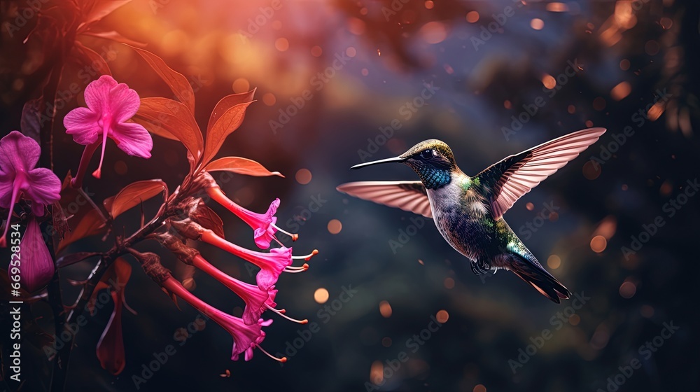 Hummingbird with pink flower. Brown Inca, Coeligena wilsoni, flying ...