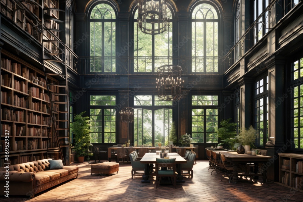 Huge ancient historic library with large windows and high ceilings ...