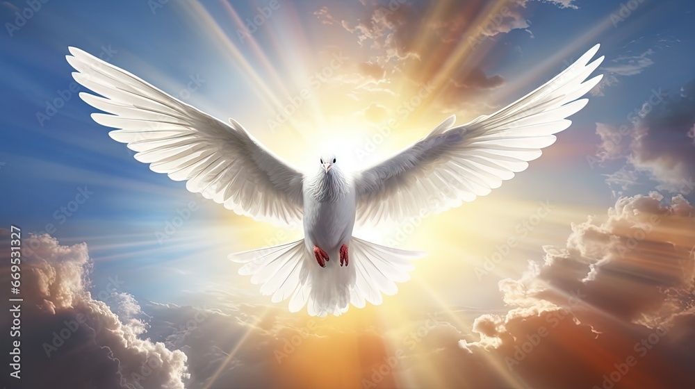 Holy spirit bird flies in skies, bright light shines from heaven, white ...