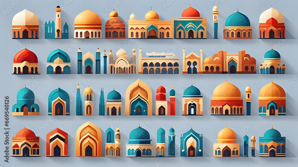 illustration of a set of icons mosque. icon set Ramadan or Ramadhan ...
