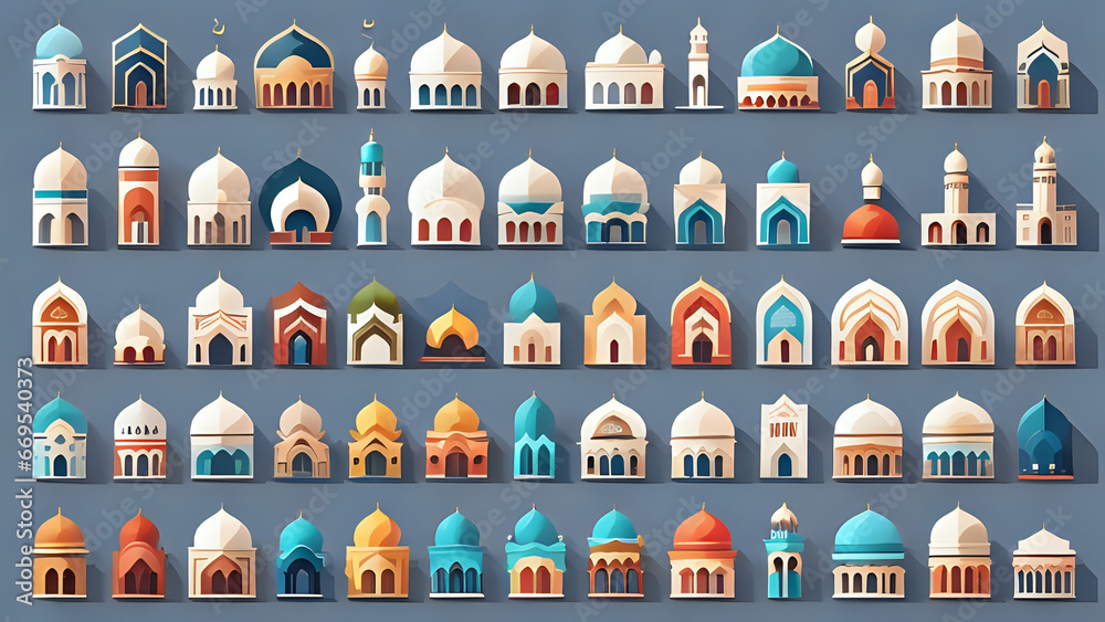 illustration of a set of icons mosque. icon set Ramadan or Ramadhan ...