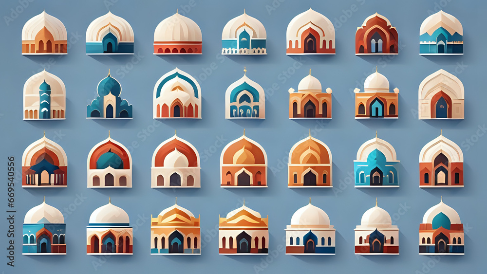 illustration of a set of icons mosque. icon set Ramadan or Ramadhan ...