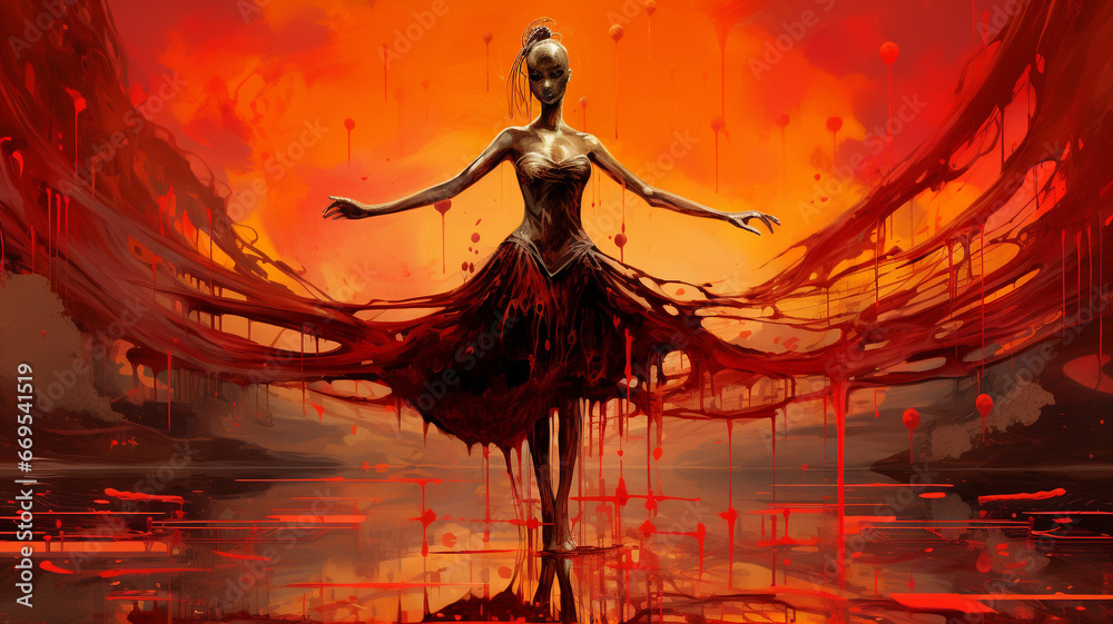 Frightening female monster ballerina, in a skirt made of blood splatter ...