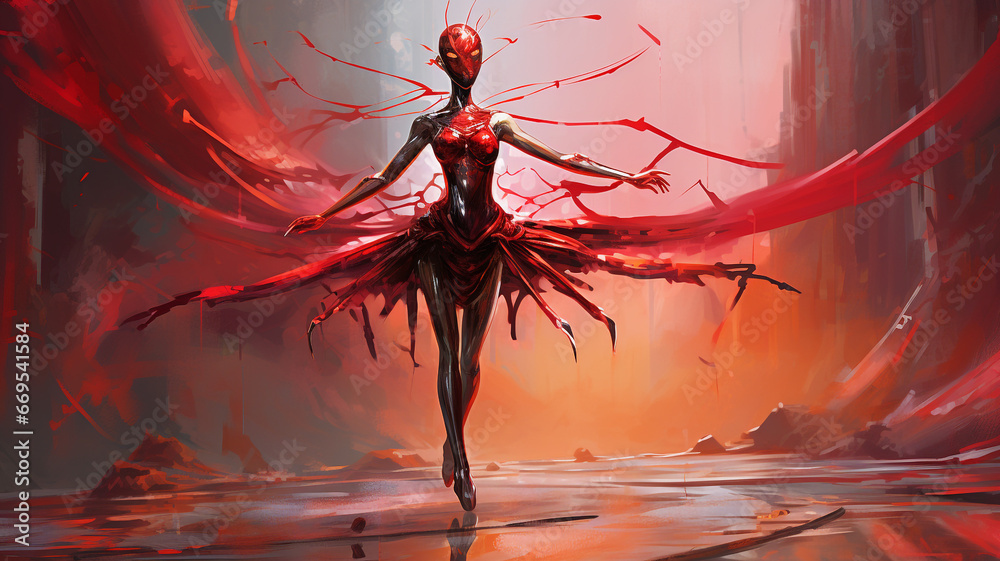 Frightening female monster ballerina, in a skirt made of blood splatter ...