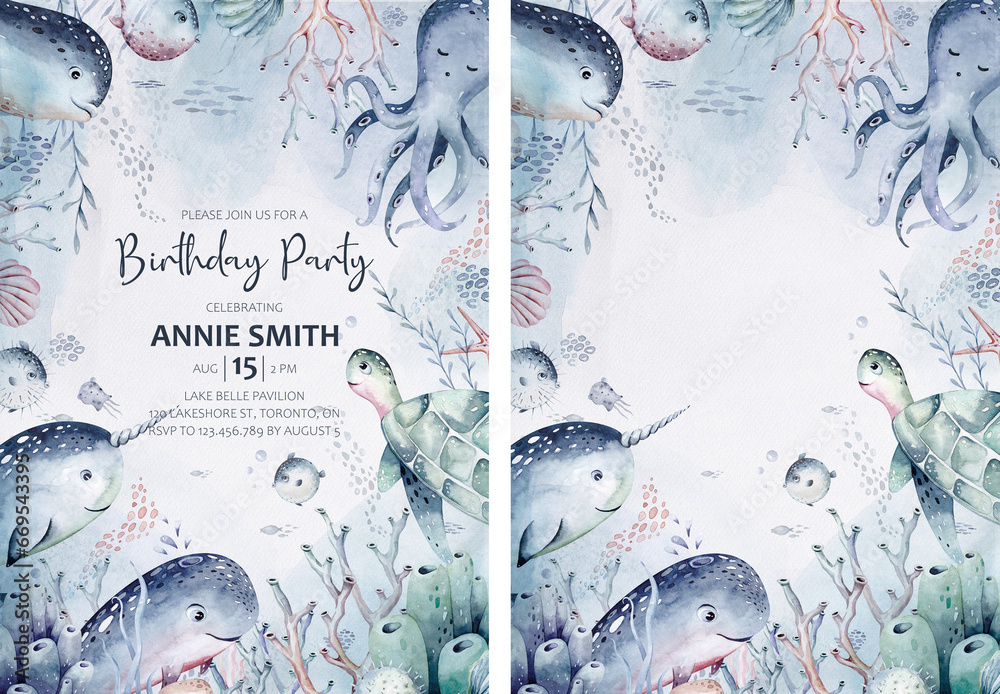 Birthday card and baby shower invitation under the sea theme background ...