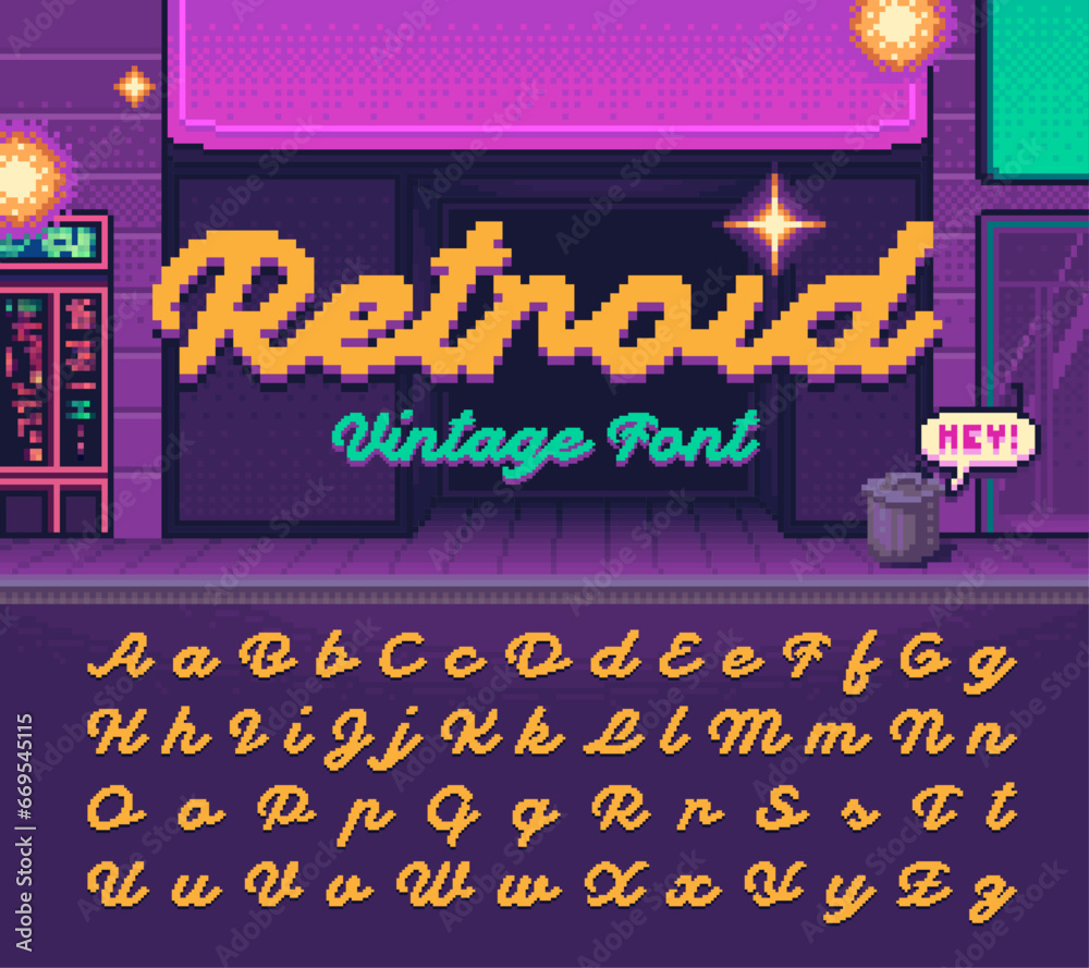 Vintage font "Retroid" made in style of old-school pixel arcade game ...