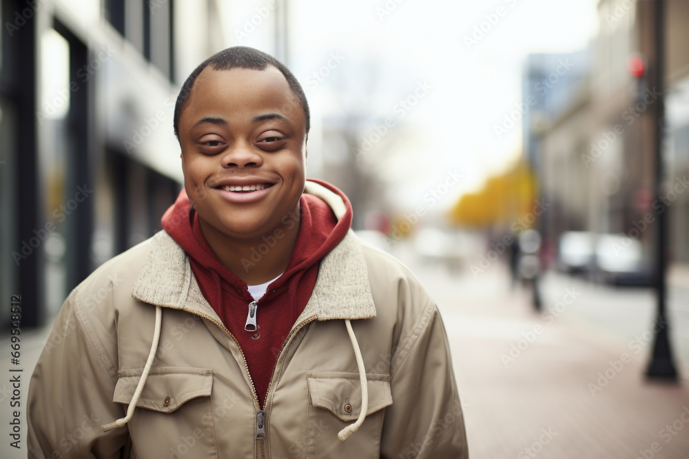 African American teenager with down syndrome on the street Stock Photo ...
