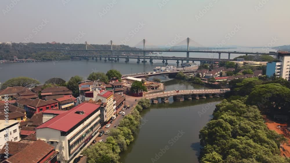 Aerial view of the Bridge over Mandovi river in Panjim Goa, Locally ...