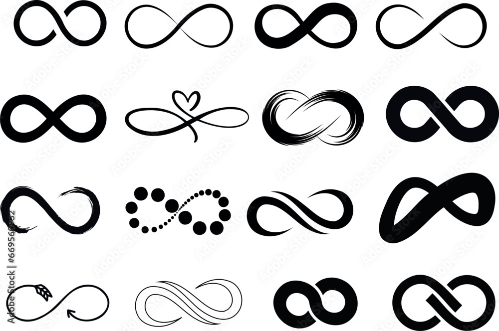 Infinity symbols, black and white, vector illustration set. Various ...