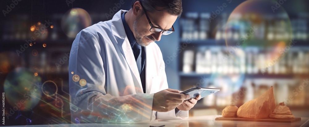 Man in a scientist background lab looking at a smartphone, Vision ...