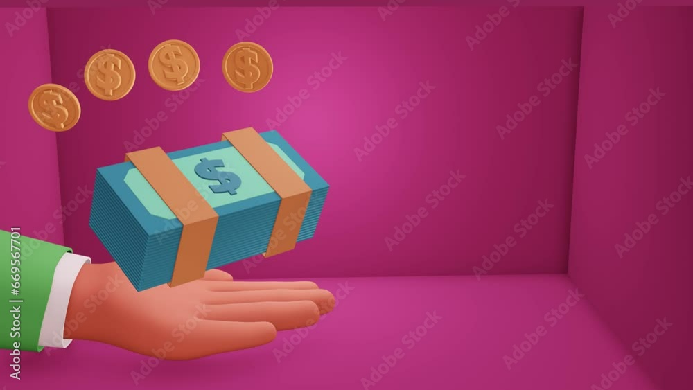 Illustration of hand presenting banknotes and coins in 3d animation ...