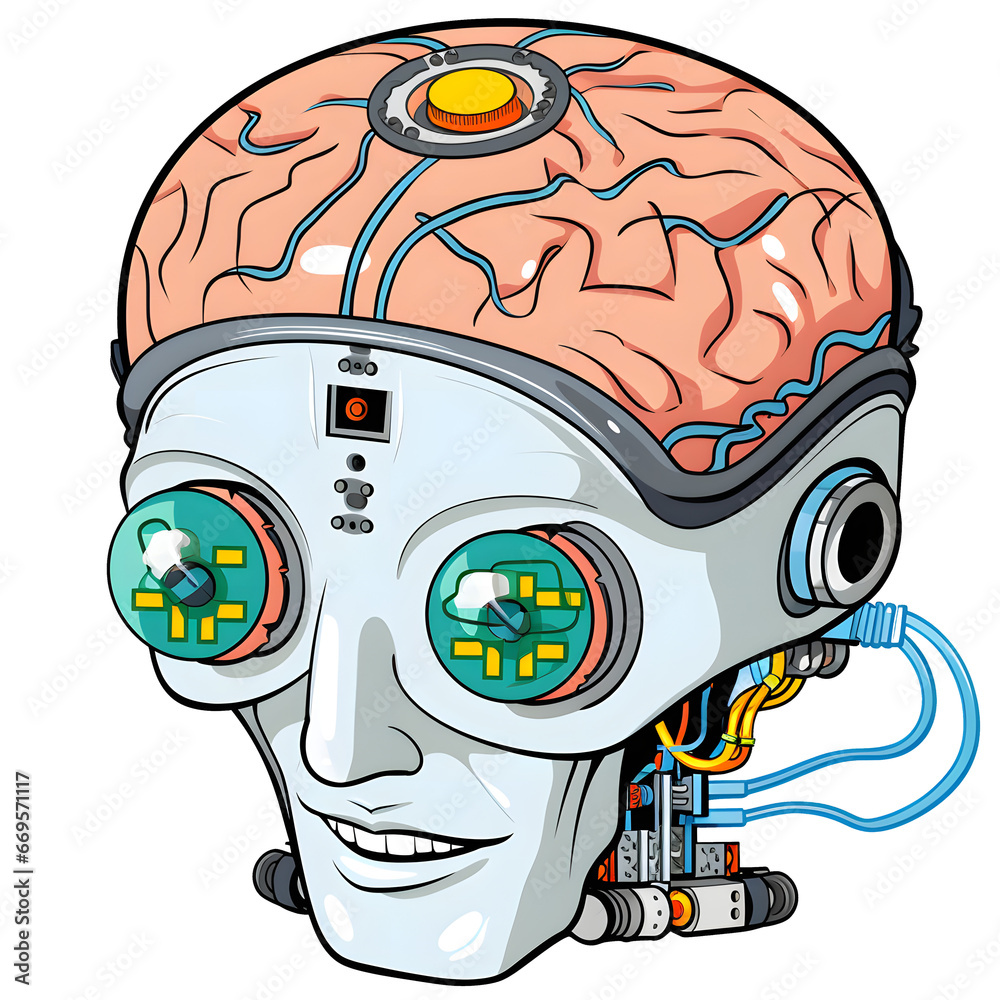 cartoon clipart of Robot head with a circuit brain, machine learning ...