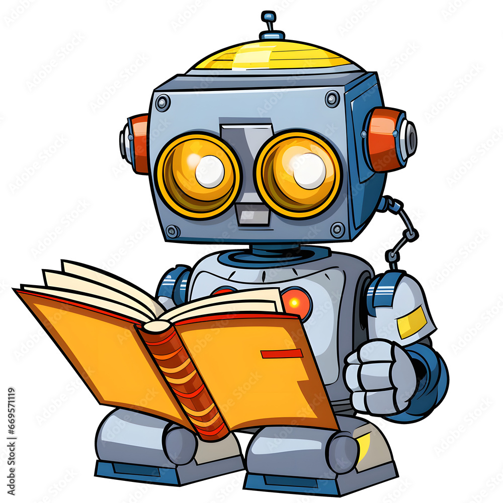cartoon clipart of Robot reading a book (symbolizing learning ...