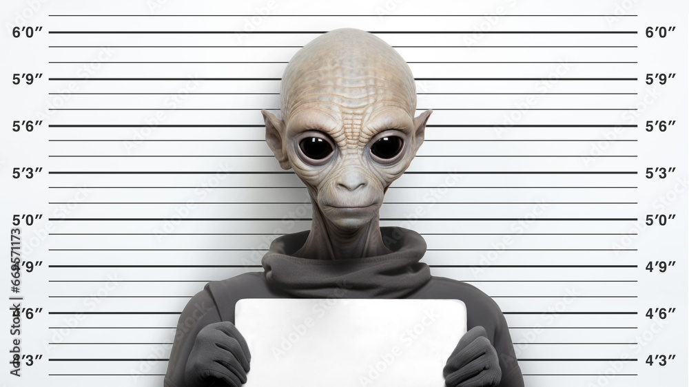Police mugshot of an alien wearing casual clothes, holding a blank ...