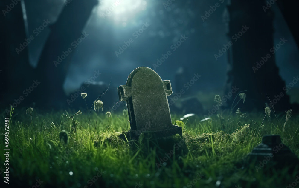 Solitary unmarked gravestone in the beam of light amidst the grass and ...