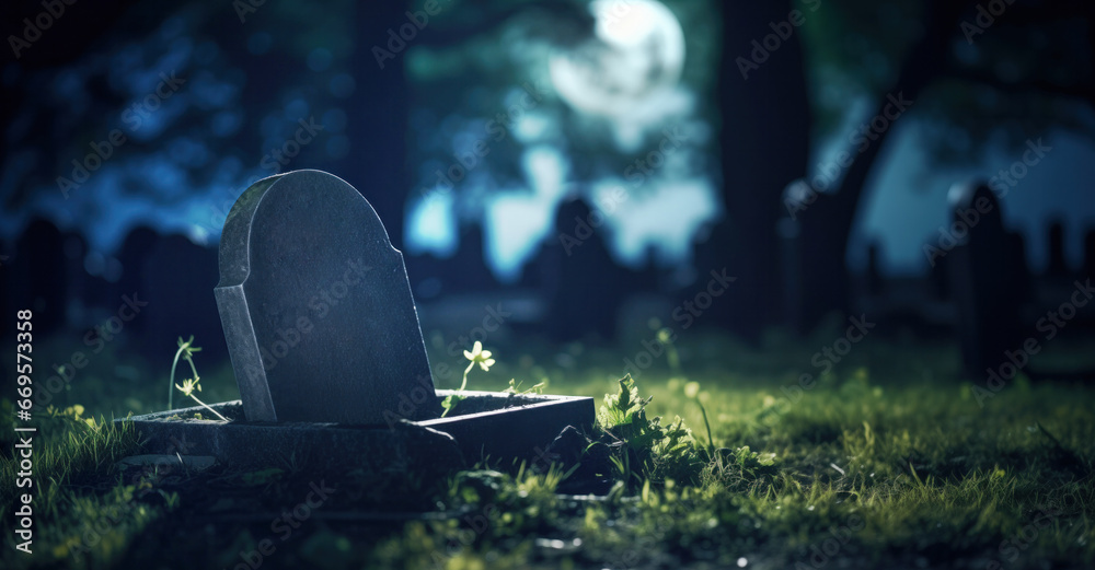Unmarked gravestone in a moonlight filtering through trees in old ...