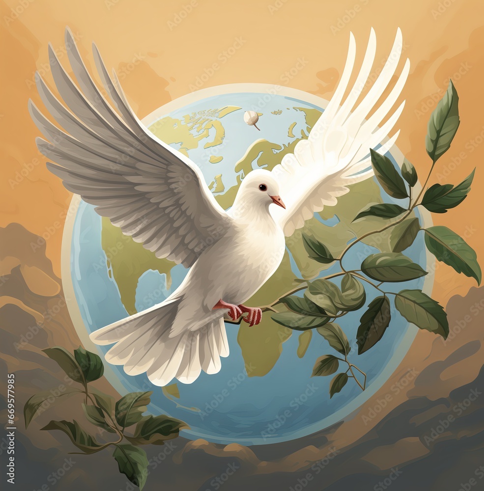 White bird, dove flying in front of the globe. Symbol of peace on earth ...