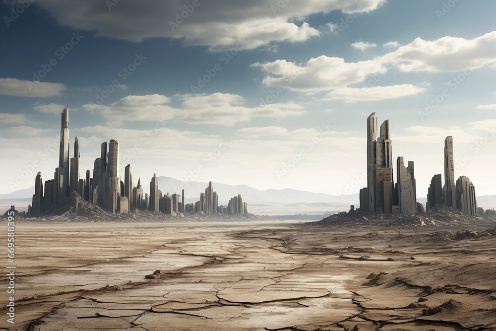 A barren, desolate landscape, once a bustling metropolis, now reduced ...