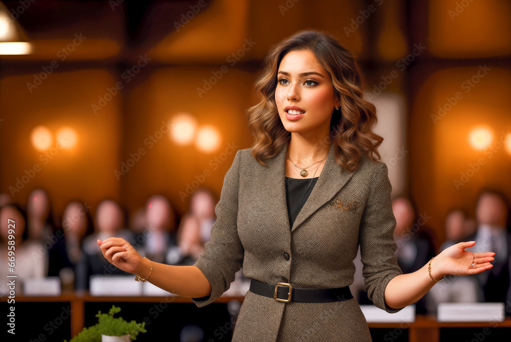 A confident and empowered woman is delivering a compelling and lively ...