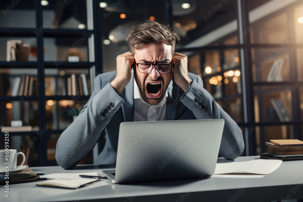 Stressed angry male employee screaming at her workplace Stock Photo ...